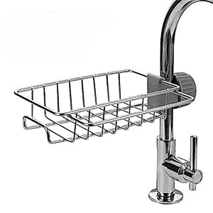 Vilehubju Faucet Storage Rack， Stainless Steel Sink Rack Removable Hanging Faucet Drainage Rack for Kitchen Bathroom Can Be Placed with Sponges Hand Sanitizer Soap Brushes Towels (Silver)