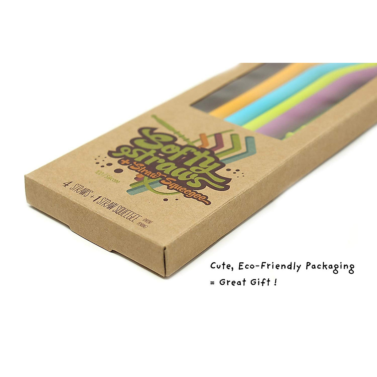 Softy Straws Premium Reusable Silicone Drinking Straws + Patented Straw Squeegee - 9” Long With Curved Bend for 20/30/32oz Tumblers - BPA Free (Non-Rubber), Flexible, Bendy, Safe for Kids / Toddlers