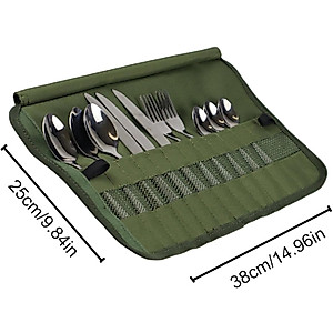 xiaoguozi Cutlery Storage Bag,Portable Polyester Roll Up Pouch Bag For Forks, Spoons, Chopstick,Water Resistant Storage Kitchen Cooking Utensil Set Travel Organizer, Army Green