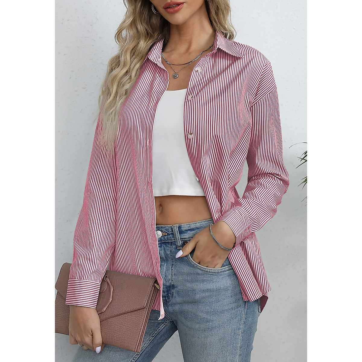 Diosun Womens Striped Button Down Shirts Classic Long Sleeve Stylish Collared Office Work Blouses Tops (Medium, Red)