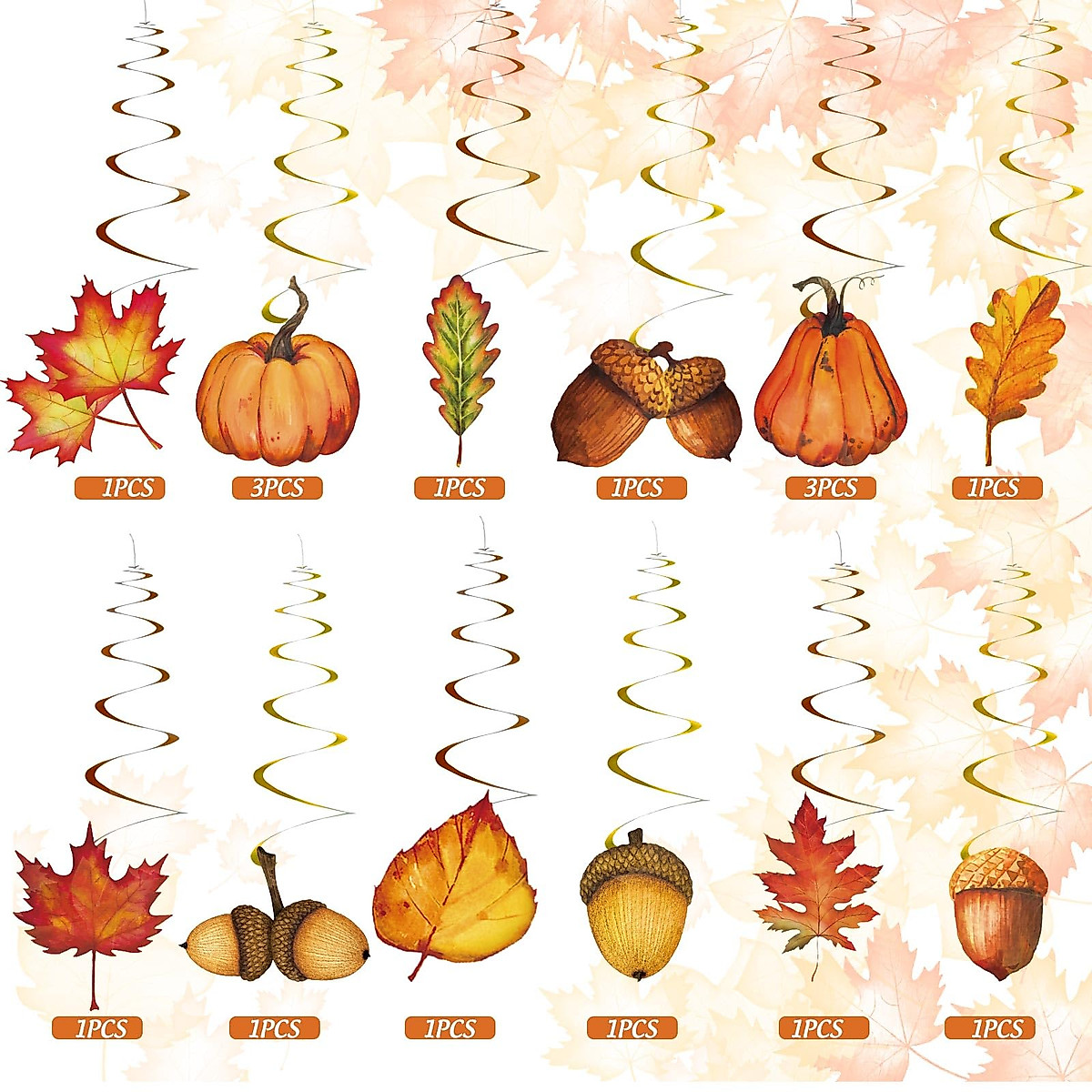 Whaline 32Pcs Fall Hanging Swirl Pumpkin Maple Leaf Pinecone Swirl Ceiling Hanging Decoration Fall Party Swirls for Autumn Harvest Thanksgiving Party Ornaments Favors Supplies Decoration