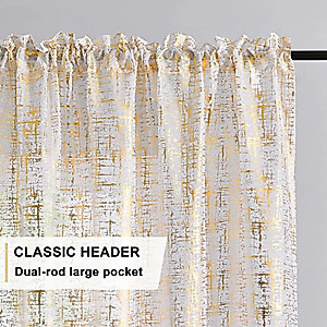 TERLYTEX Gold White Sheer Curtains 63 Inch Length, Metallic Gold Foil Cross Hatch Design Sparkle Sheer Curtains for Bedroom, Rod Pocket Privacy Glitter Sheer Curtains 2 Panels, 52 x 63 Inch, Gold