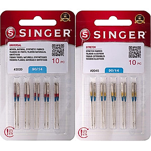 Singer 20 Counts :10-Pack Universal 2020 Sewing Machine Needles, Size 90/14 and Singer 10-Pack Stretch 2045 Sewing Machine Needles, Size 90/14 Bundle with Inceler Brand Plastic Bobbin