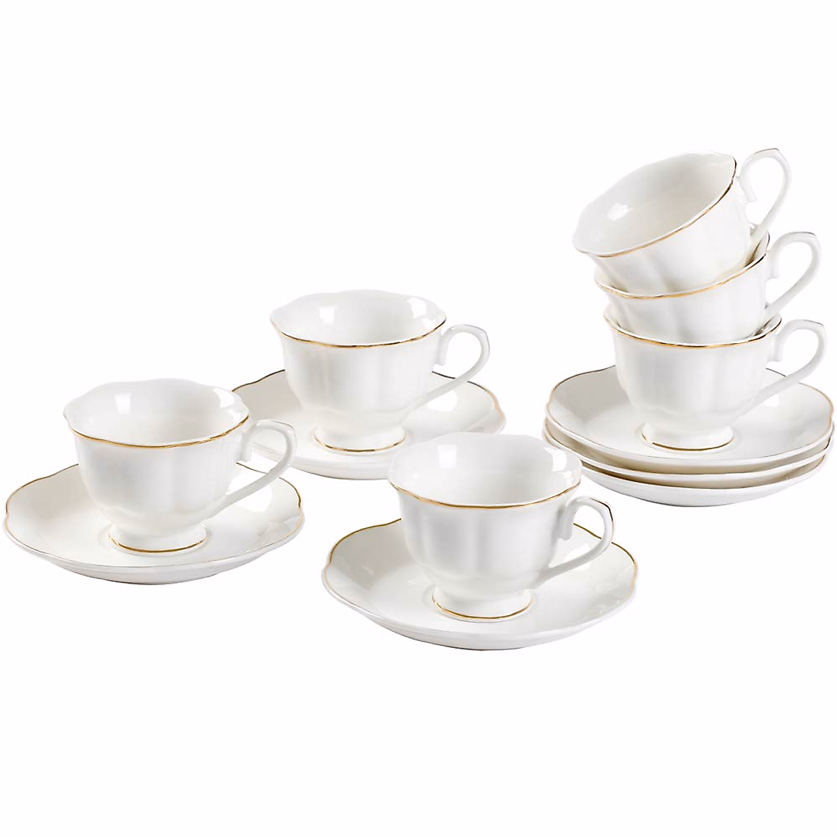 GuangYang 12 PCS White Tea Set-Fine Porcelain Tea Cup and Saucer set of 6 with Gold Line Handle for Tea Party