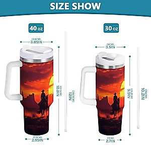 Jihqo Sunset Western Cowboys 40 oz Stainless Steel Vacuum Insulated Tumbler with Handle and Straw Lid, Leakproof Water Bottle Double Wall Travel Mug Coffee Cup, Cupholder Friendly