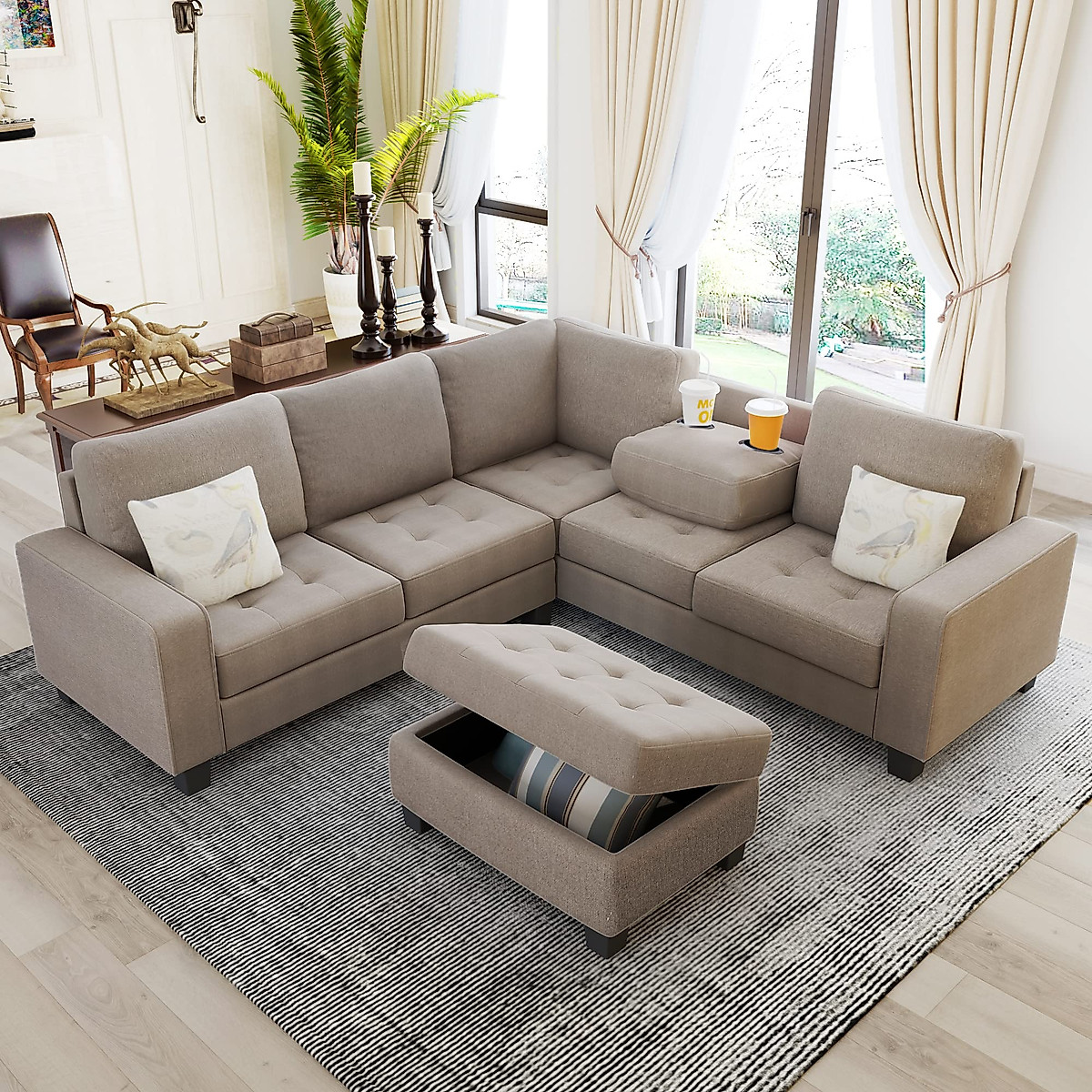 Merax Sectional Corner Sofa Set, Modern L-Shaped Couch with Storage Ottoman and Cup Holders for Living Room, Linen Brwon