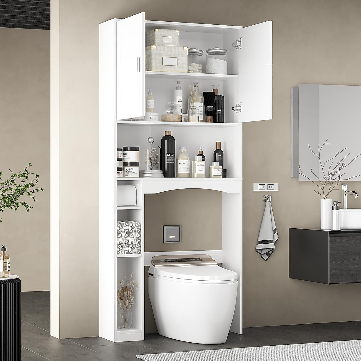 AIEGLE Over The Toilet Storage Cabinet with Open & Hidden Shelves, 70.9"H Modern 6-Tier Over Toilet Organizer Bathroom Shelf, Above Toilet Storage with Toilet Paper Holder for Restroom, Laundry, White