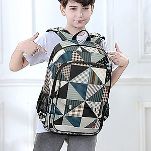 ODAWA Patchwork Geometric Pattern Kids School Backpack with Reflective Strips Laptop Bookbag for Women Travel Daypack