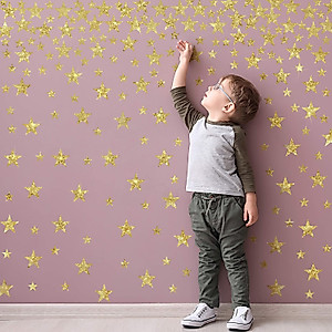 Buiory 63 PCS Removable DIY Gold Glitter Stars Wall Decals Vinyl Sparkle Star Wall Sticker Peel and Stick Art Decor Murals for Children Baby Room Girls Bedroom Nursery Weeding Teens Playroom Door