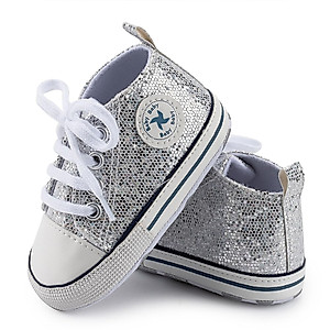 Baby Girls Boys Shoes Soft Anti-Slip Sole Newborn First Walkers Star High Top Canvas Denim Unisex Infant Sneaker (B01-sequins Sliver, 0-6 Months)