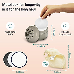 Ecolifestyle Reusable Makeup Remover Pads (20 Pack) - Reusable Cotton Rounds with Laundry Bag & Metal Storage Box | Eco-Friendly, Zero Waste | Bamboo, Terry & Charcoal Washable Face Pads