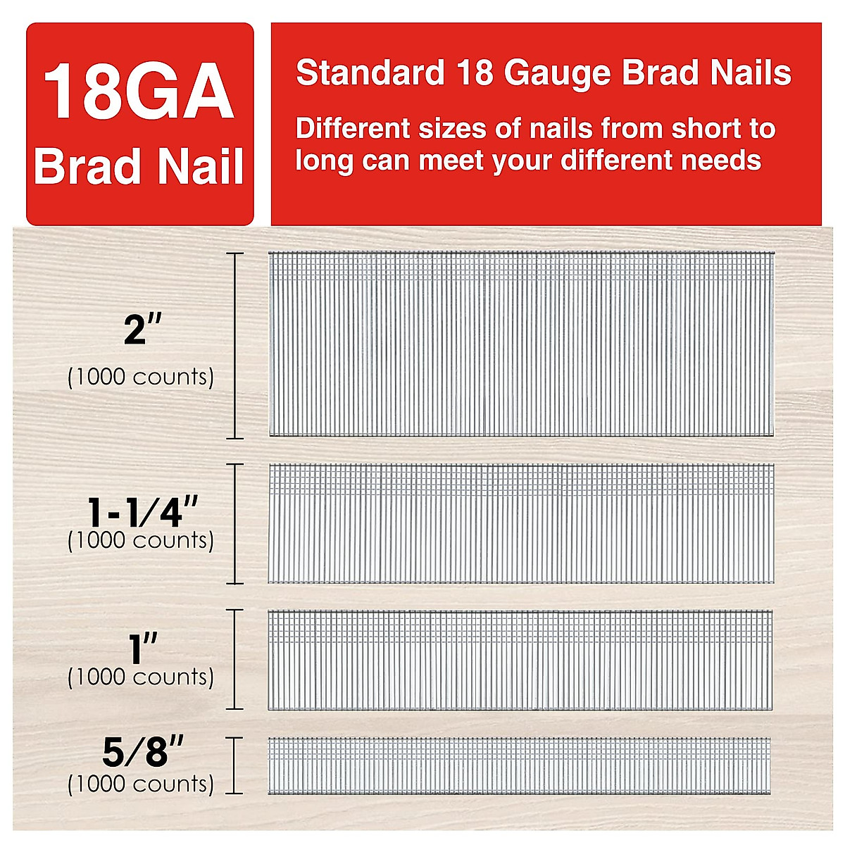 SHALL 18 Gauge Brad Nails, 2”, 1-1/4”, 1”, 5/8 Inch, 4000-Count Galvanized Brad Nails Assorted, 18GA Nail Gun Nails and Small Finishing Nails Assortment for Pneumatic, Electric Brad Nailer Gun
