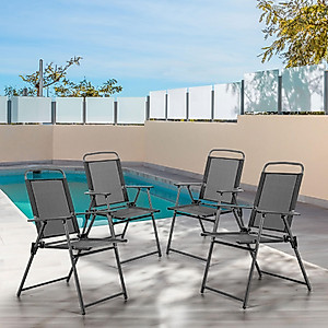 Vongrasig Folding Patio Dining Chairs Set of 4, Small Metal Outdoor Sling Chairs, Patio Furniture Set 4 Folding Chairs for Lawn, Garden, Deck, Backyard, Black