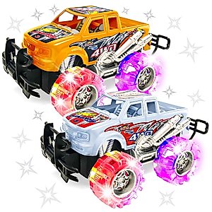 ArtCreativity Orange and White Light Up Monster Truck Set for Boys and Girls, Set Includes 2, 6 Inch Monster Trucks with Beautiful Flashing LED Tires, Push n Go Toy Cars, Best Gift for Kids Ages 3+