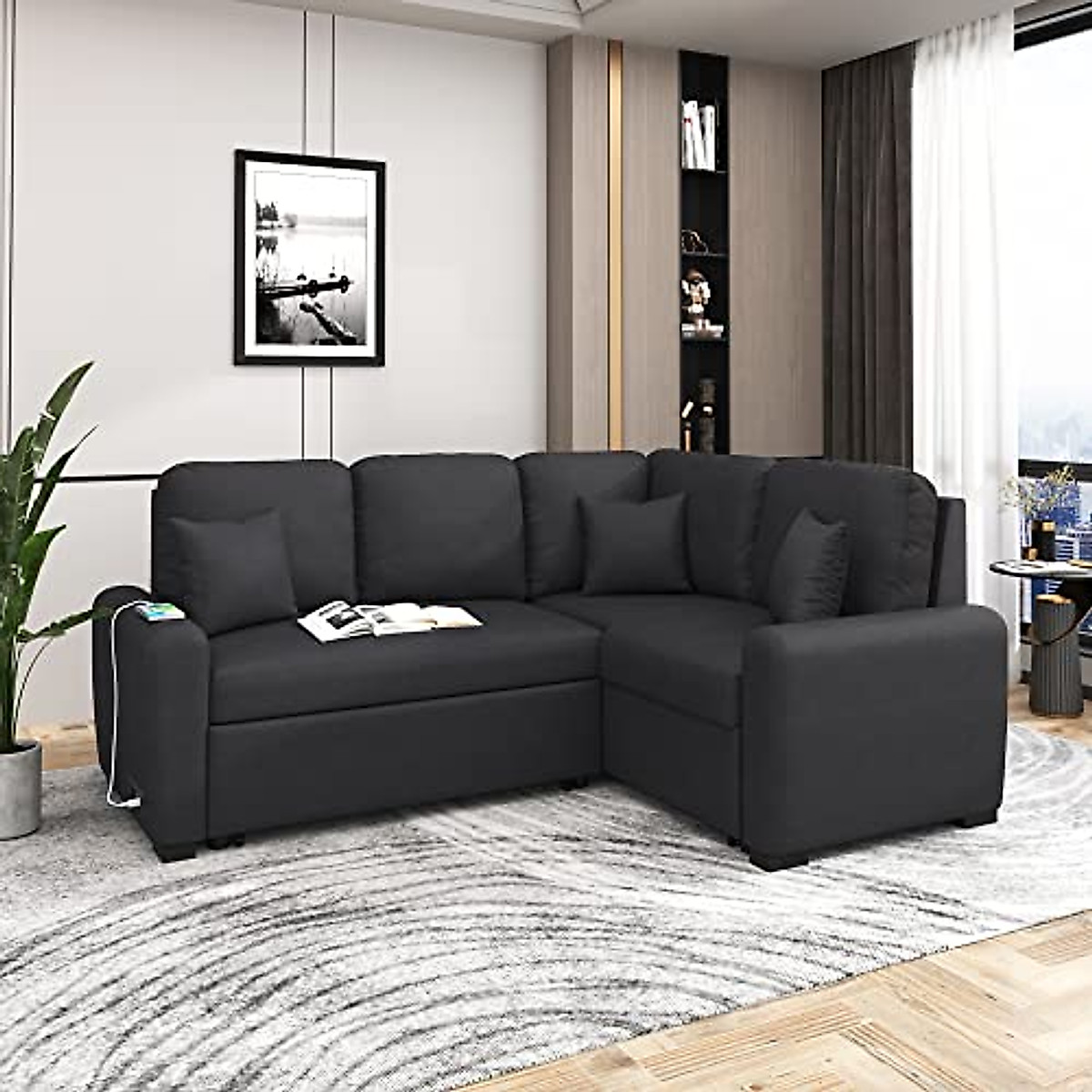 3 in 1 Convertible Sectional Sofa with Pull Out Bed , 87.4" L Shaped Corner Couch with USB Charging Ports & Plug Outlet , Breathable Linen Fabric Conversion Sofabed for Living Room Office Furniture