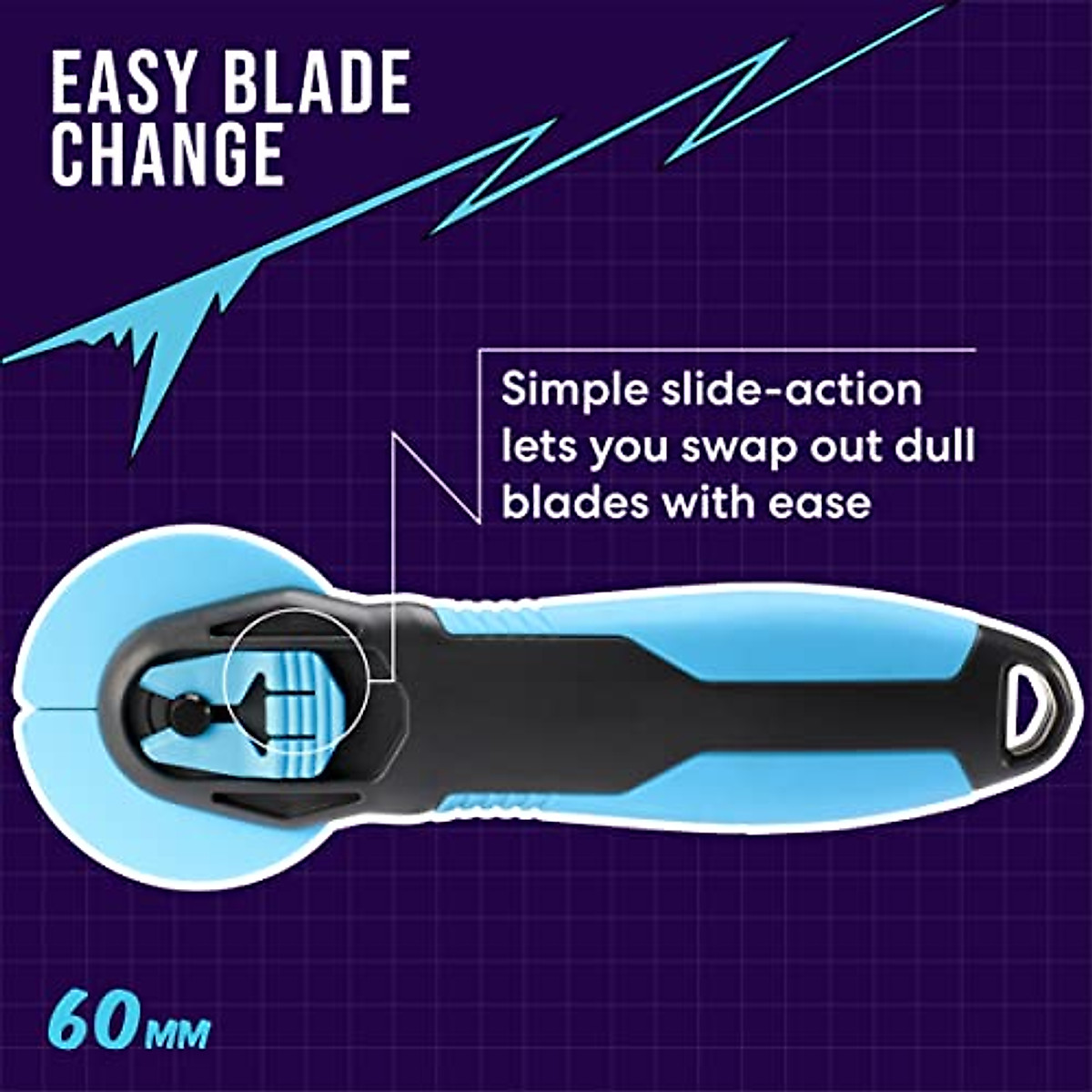 Zoid 60mm Rotary Cutter with Grip, Fabric Cutter Wheel, Rotary Cutter Blade, Craft Cutting Tool, Freehand Tool For Dense Fabrics,Denim, Corduroy and Multiple Projects, Soft-Touch Handle