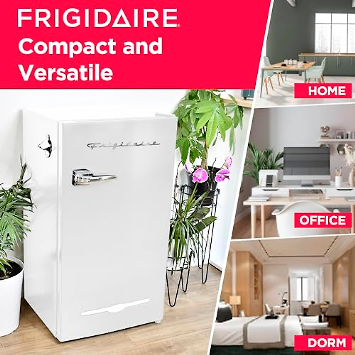 Frigidaire Retro Compact Fridge with Chiller, 3.2 cu ft Countertop Fridge with Built-In Bottle Opener, Compact Refrigerator for Office, Bedroom, Dorm Room or Cabin - 16.5" D x 19" W x 31" H (White)