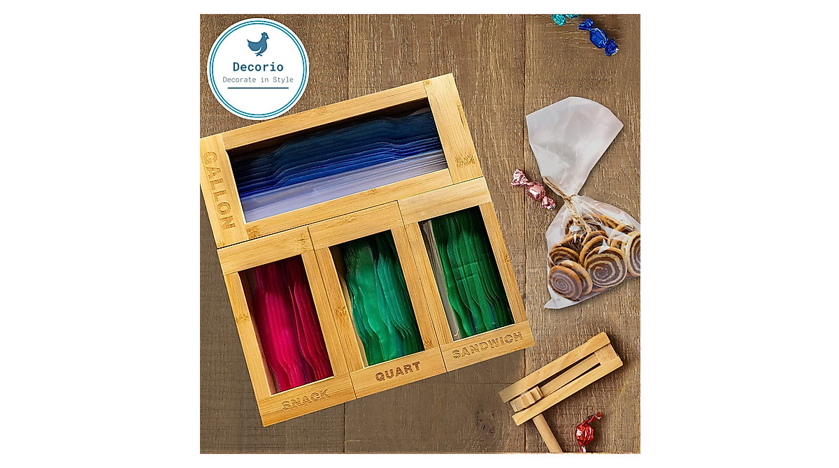 Decorio Bamboo Ziplock Bag Organizer - Save Kitchen Space