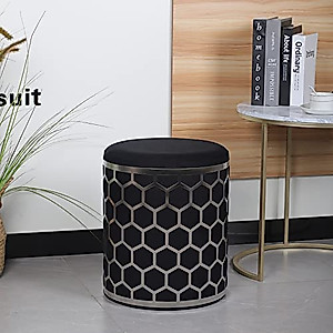 SOFT ASS Modern Round Velvet Ottoman Vanity Chair Large Footrest Stool with Hexagon Silver Metal Frame for Bedroom Living Room Study and Entrance - Black