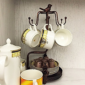 Creation Core Vintage Bronze Iron Coffee Cup Holder Storage Premium Rustic Tea Mug and Saucer Display Rack Holds 6 Cups