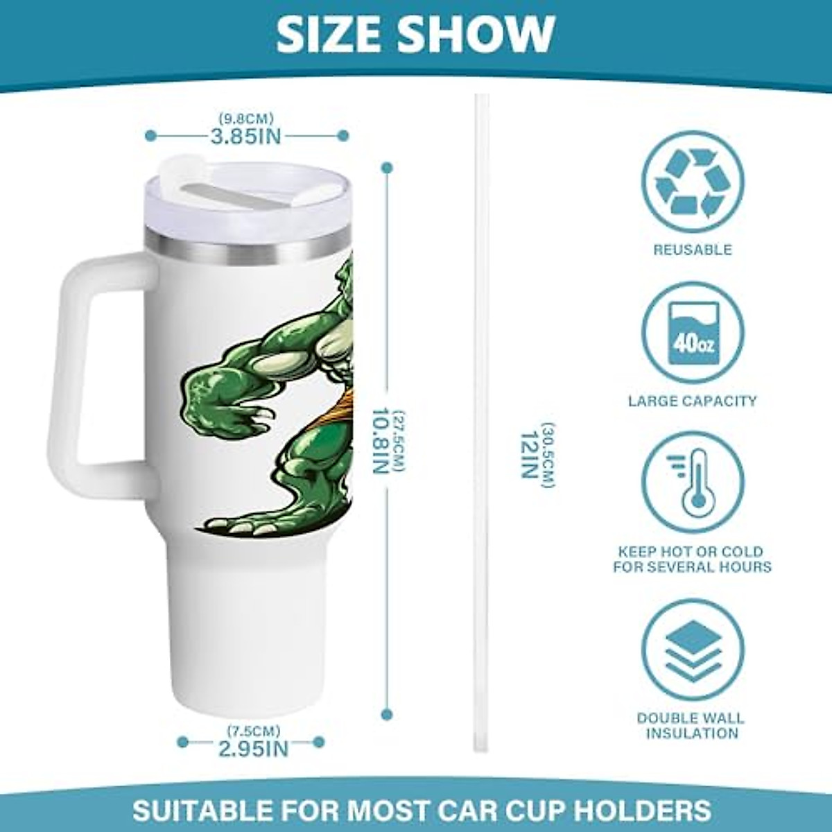 Jihqo Dinosaur Playing Basketball 40 oz Stainless Steel Vacuum Insulated Tumbler with Handle and Straw Lid Reusable Leakproof Water Bottle Double Wall Travel Mug Coffee Cup, Cupholder Friendly