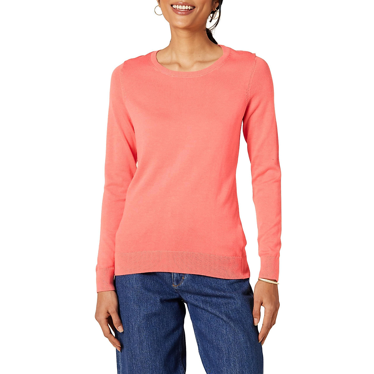 Amazon Essentials Women's Long-Sleeve Lightweight Crewneck Sweater (Available in Plus Size), Coral Pink, Large