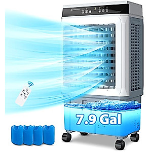 LifePlus Evaporative Air Cooler, 3200 CFM Portable Swamp Cooler with Remote, 7.9 Gallon Portable Air Conditioner with Wheels, 3 Speed Cooling Fan, 4 Ice Packs for Room Garage Patio