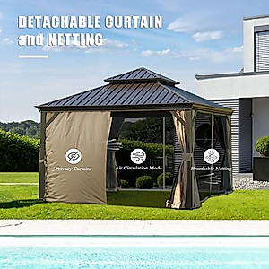 Domi Outdoor Living 12’ X 12’ Hardtop Gazebo, Outdoor Aluminum Frame Canopy with Galvanized Steel Double Roof, Outdoor Permanent Metal Pavilion with Curtains and Netting for Patio, Backyard and Lawn