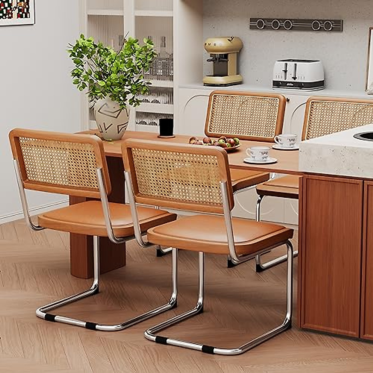 Alunaune Mid Century Modern Dining Chairs Set of 2, Upholstered Natural Rattan Kitchen Accent Chairs, Armless Side Chair with Metal Chrome Legs for Bedroom Living Room-Brown with PU Seat