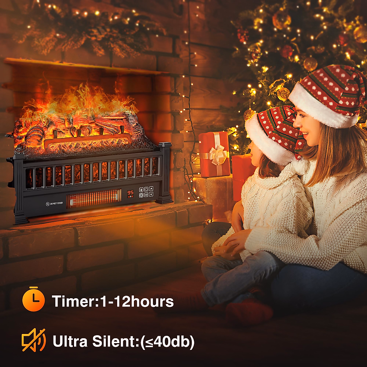 Alpaca Electric Fireplace Logs 26-Inch, Remote Controller Fireplace Insert Log Heater, Adjustable Flame Colors, Realistic Fake firewood Flame, Overheat Protection, Timer, Thermostat, 1500W Black