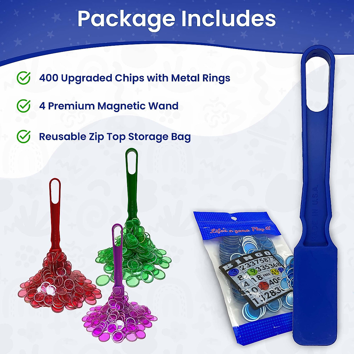 MR CHIPS Made in USA Set of 4 Bingo Magnetic Wands & 400 Pieces Upgraded ¾ Inch Plastic Chips with Metal Rings in 4 Colors Blue, Red, Green, and Purple