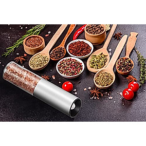 USB Rechargeable Electric Gravity Salt and Pepper Grinder with Adjustable Coarseness Automatic Pepper and Salt Mill with White LED Light,One Hand Operated,Brushed Stainless Steel by CHEW FUN