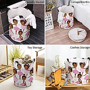 Laundry Basket African Black Girl Ballet Dance,Waterproof Collapsible Clothes Hamper Pink Skirt Star Bow,Large Storage Bag for Bedroom Bathroom