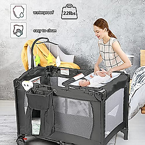 Kinder King 3 in 1 Portable Nursery Center, Foldable Playard for Baby & Toddler, Infant Pack n Play w/Bassinet, Removable Mattress, Newborn Changing Table, Travel Bag, Music Box, Storage Basket, Grey