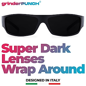 grinderPUNCH Mens Black Super Dark Sunglasses - Slim Wrap Around Gangster Style (Matte Black)