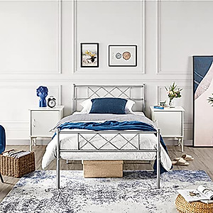 Topeakmart Wrought Iron Twin Bed Frame,Metal Silver Platform with Headboard and Footboard,Mattress Foundation,No Box Spring Needed,Strong Slat Support