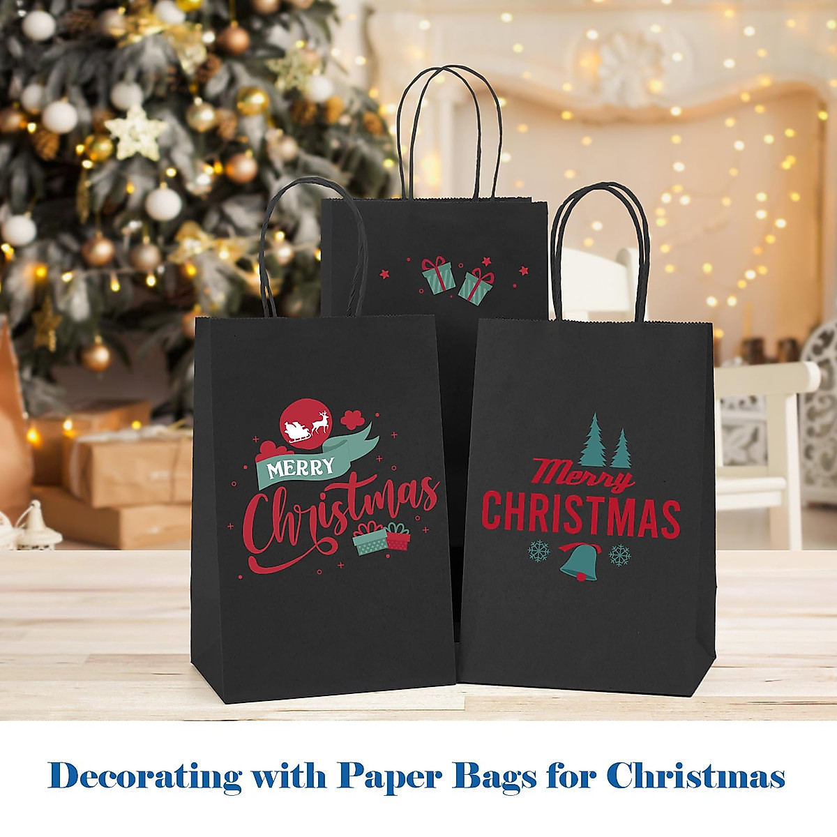 GSSUSA 100Pcs Black Paper Bags, 5.25x3.75x8 Small Gift Bags, Paper Bags with Handles Bulk, Bags for Small Business, Sturdy Kraft Paper Bags, Retail Shopping Bags, Party Favor Bags, Birthday Gift Bags