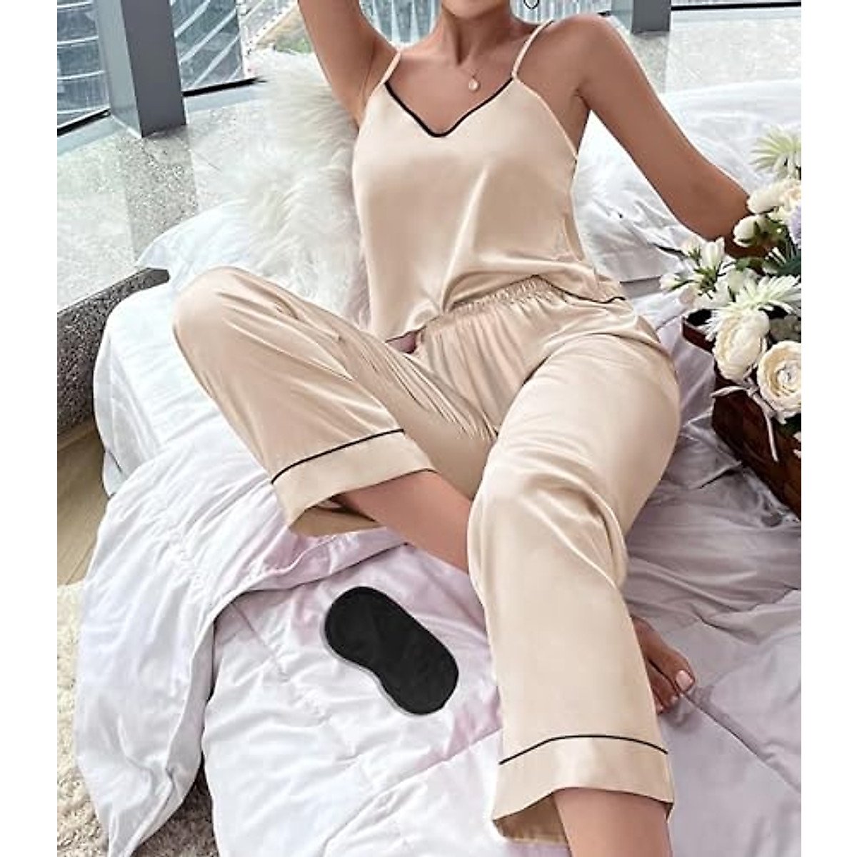 SWOMOG Womens Silk Satin Pajamas Set Two-Piece Pj Sets Cami Top and Capris Pants Sleepwear Champagne