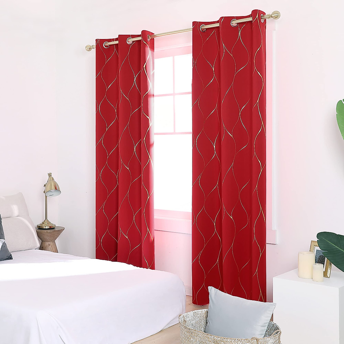 Deconovo Gold Wave Print Blackout Curtains for Bedroom, Thermal Insulated Curtains for Living Room, Room Darkening Drapes (Red/Wave, 42x63 Inch, 2 Panels)
