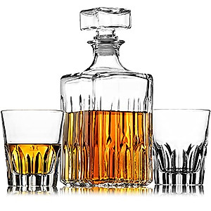 Godinger Whiskey Decanter and 2 Whiskey Glasses Bar Set, Italian Made Decanter for Liquor Scotch Bourbon Vodka