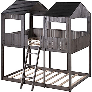 MERITLINE House Bunk Beds Full Over Full Size Wood Low Bunk Beds with Roof and Guard Rail for Kids, Teens, Girls, Boys, No Box Spring Needed (Antique Gray)