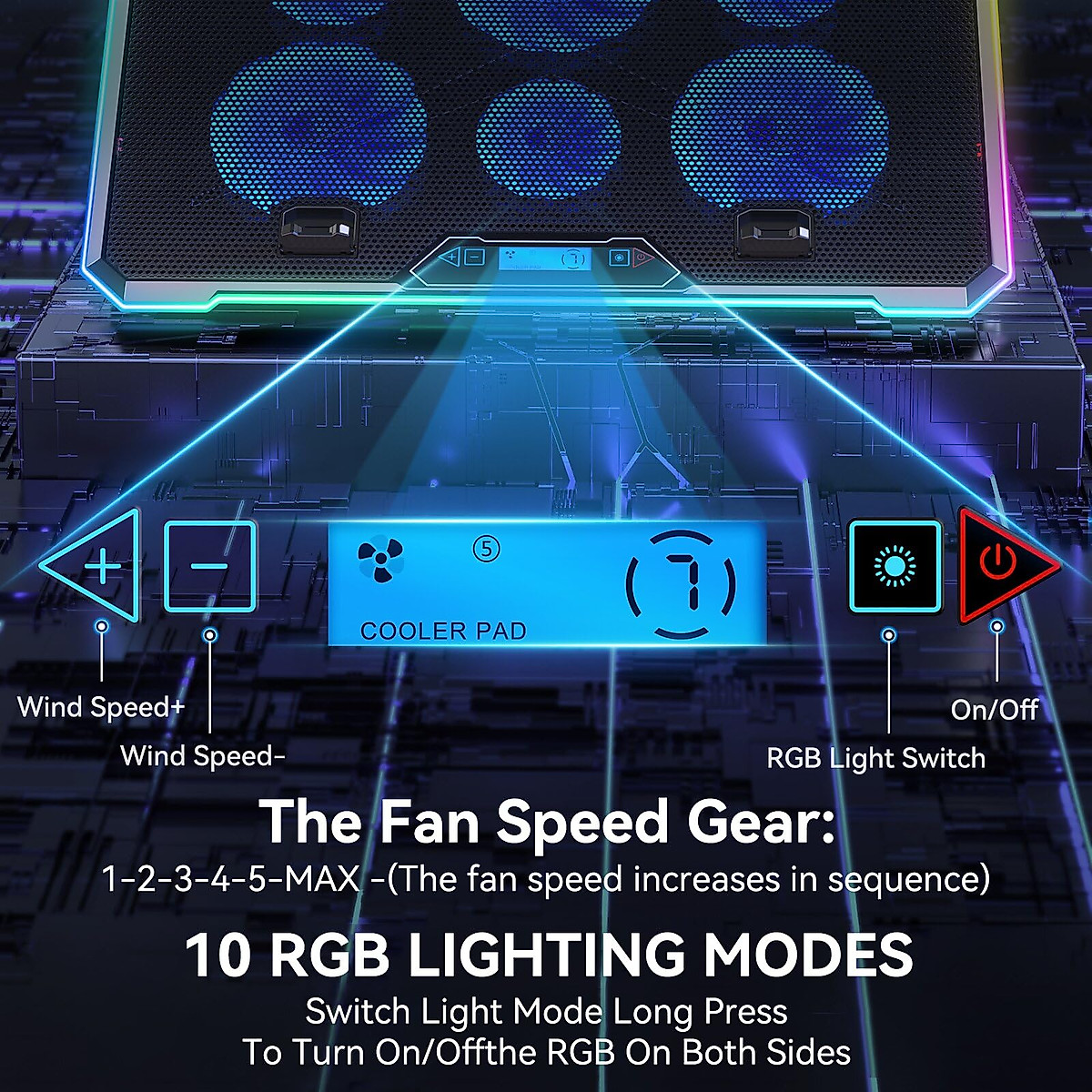 KYOLLY RGB Cooling Pad Gaming Laptop Cooler, Laptop Fan Cooling Stand with 6 Quiet for 15.6-17.3 inch laptops, 9 Height Stand, LED Lights & LCD Screen, 2 USB Ports, Lap Desk Use