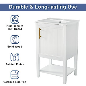 ANTSKU 20 Inch Small Bathroom Vanity with Sink Combo, Modern Single Sink Vanity with Top, Wood Bathroom Cabinet with Ceramic Sink, Soft Closing Door, Storage Rack and Open Shelf (White)