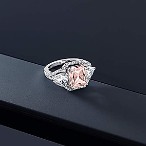 Gem Stone King 3.99 Cttw Peach Nano Morganite Ring For Women In 925 Sterling Silver | Emerald Cut 10X8MM | Gemstone October Birthstone | Available In Size 5, 6, 7, 8, 9