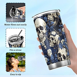 HXshaoye blue flowers skulls hippie Stainless Steel coffee cups with lids with Lid and Straw mug for hot drinks for coffee reusable 20oz coffee tumbler termos para gym 20oz