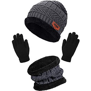 Kids Winter Hat Glove Scarf Sets Knitted Toddler Cap Beanie All Fingers Gloves Mitten Neck Warmer for Boys Girls (Black, Grey)