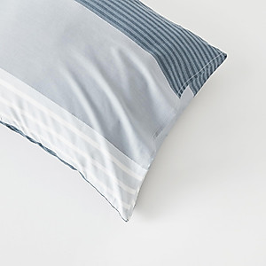 YuHeGuoJi Teal Blue Geometric Duvet Cover King 100% Cotton 3 Pcs Set 1 Neutral Grey Striped Duvet Cover with Zipper Ties 2 Pillowcases Modern White Pinstripe Bedding Set