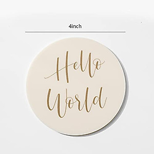 UNIQOOO 13Pcs 4'' Cream White Acrylic Monthly Baby Milestone Printed Cards, Photo Props, Round Baby Months Growth Sign for Boy, Girl Photography, One Month to One Year & Hello World Card, New Baby Gifts