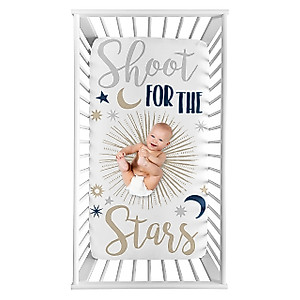 Sweet Jojo Designs Star and Moon Boy or Girl Fitted Crib Sheet Baby or Toddler Bed Nursery Photo Op - Navy Blue, Gold, and Grey Celestial Sky Gender Neutral Unisex Shoot for The Stars
