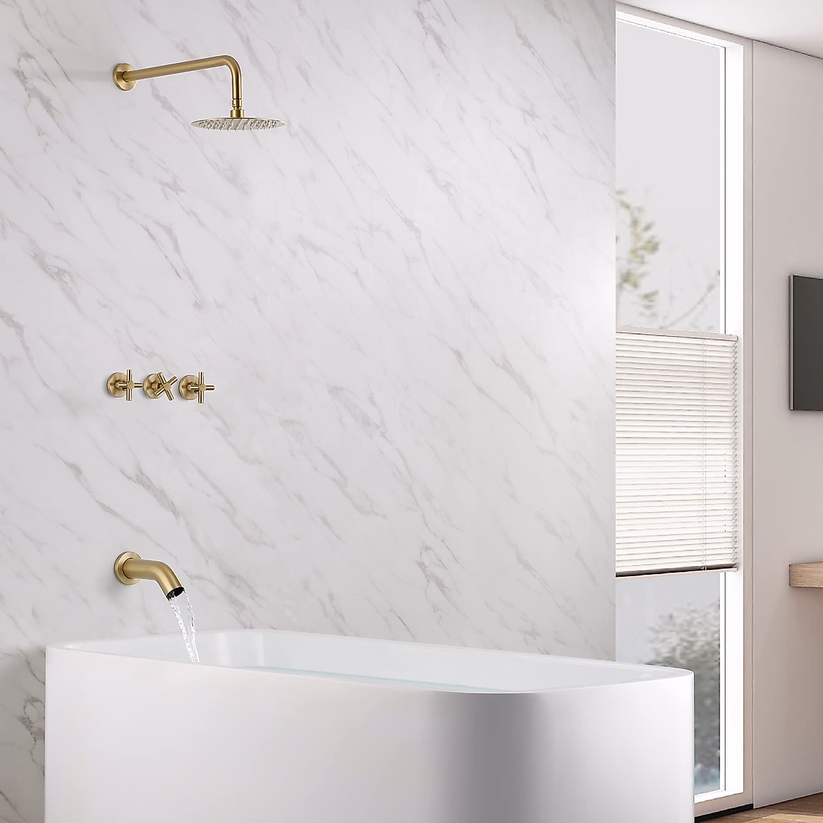 SUMERAIN 3 Handle Tub Shower Faucet Set with Waterfall Tub Spout and 3-Cross Handles, Wall Mounted Rainfall Bathtub Shower Faucet Brushed Gold